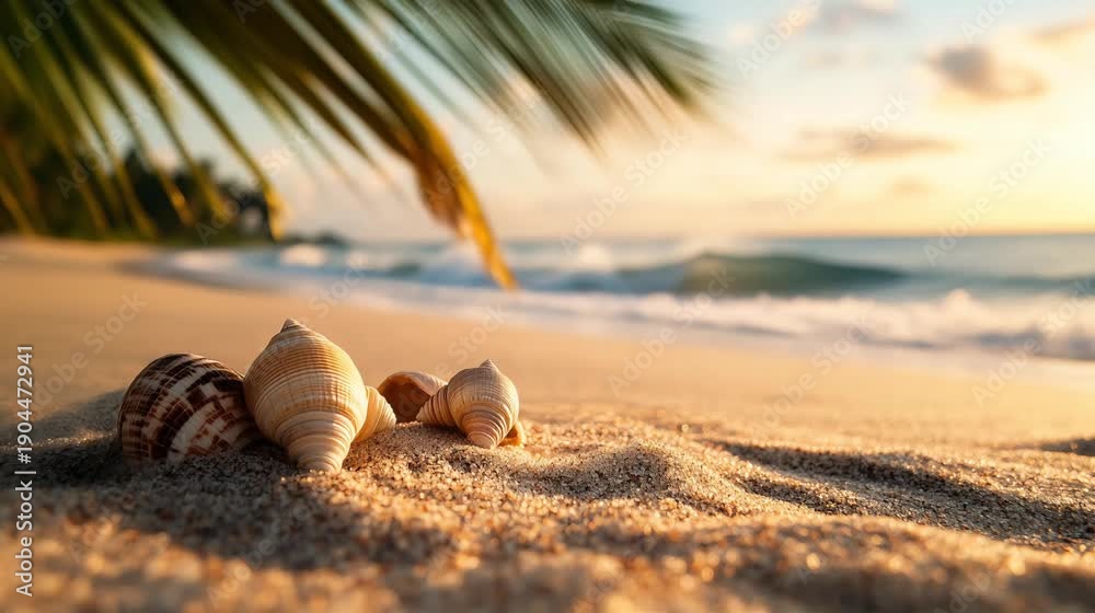 shell on the sand, beach scene with big seashells in background, palm ...