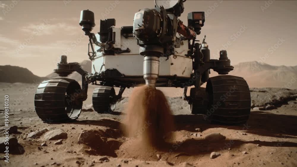 Planetary rover drilling into rocky soil on planet Mars. Scientific ...