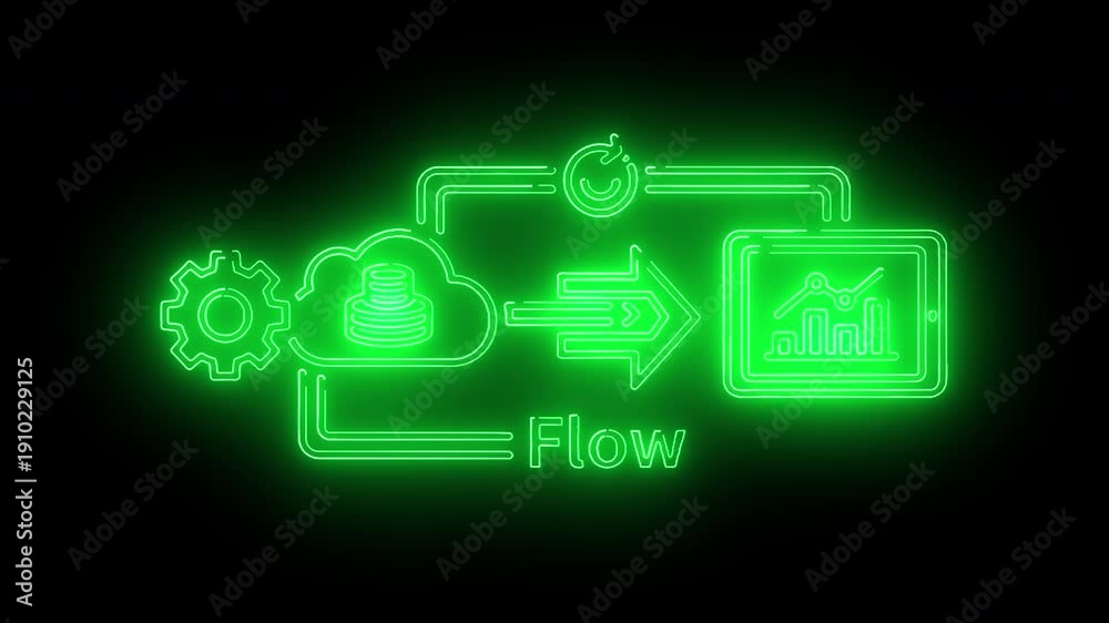 Neon green flowchart diagram with gear, cloud, and graph icons on a ...