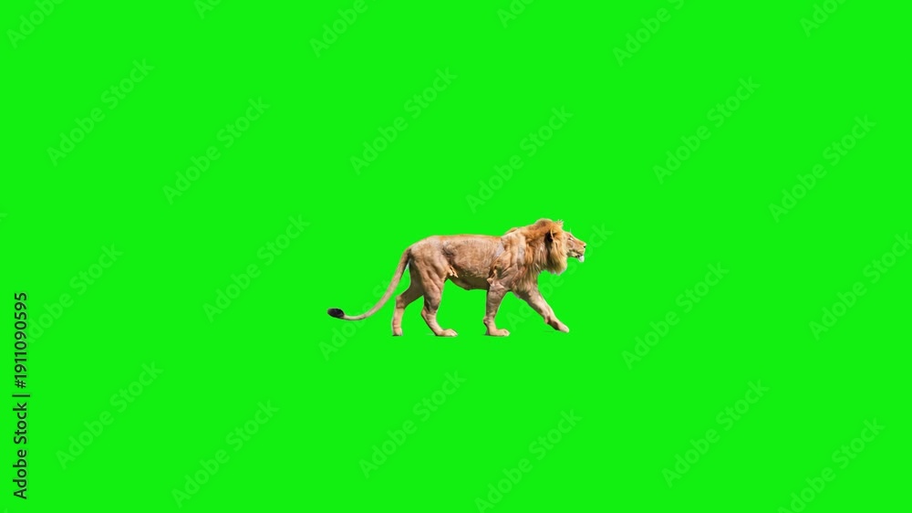 A powerful male lion performs a realistic walk cycle moving from left ...