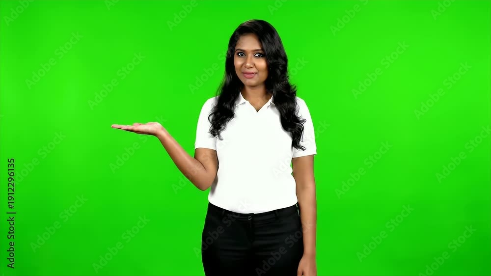 Smiling Woman Presenting with Open Palm on Green Screen Background for ...