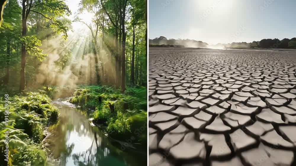 Split Screen Comparison of Lush Green Forest and Cracked Dry Desert ...