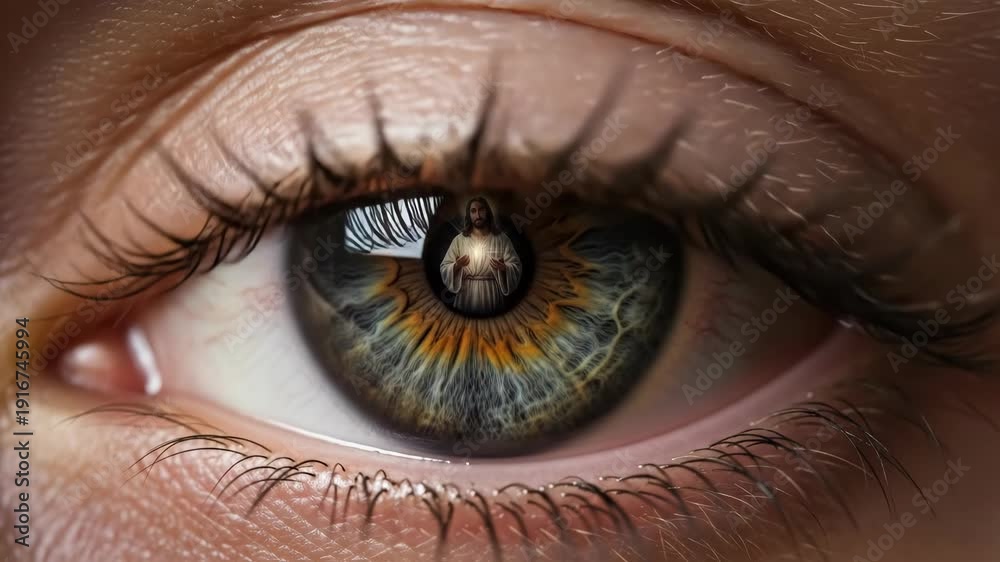 Womans eye reflecting Jesus Christ, spiritual vision and divine ...
