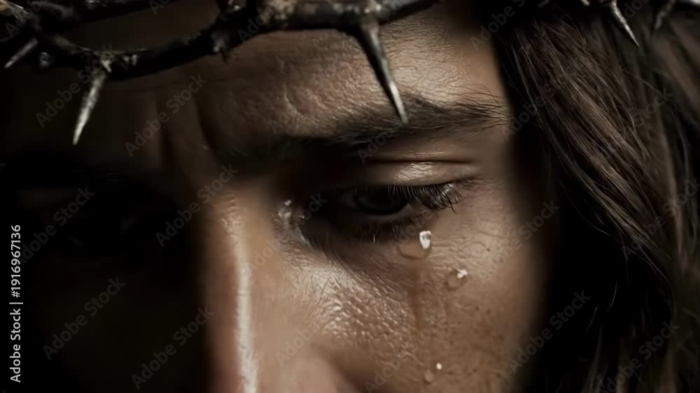 Close-up of jesus christ in a crown of thorns crying with a tear on his ...