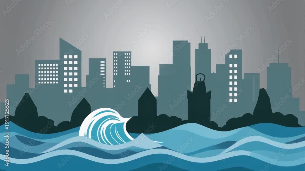 Flood Wave Submerging a City Outline Depicting a Flooding Disaster and ...