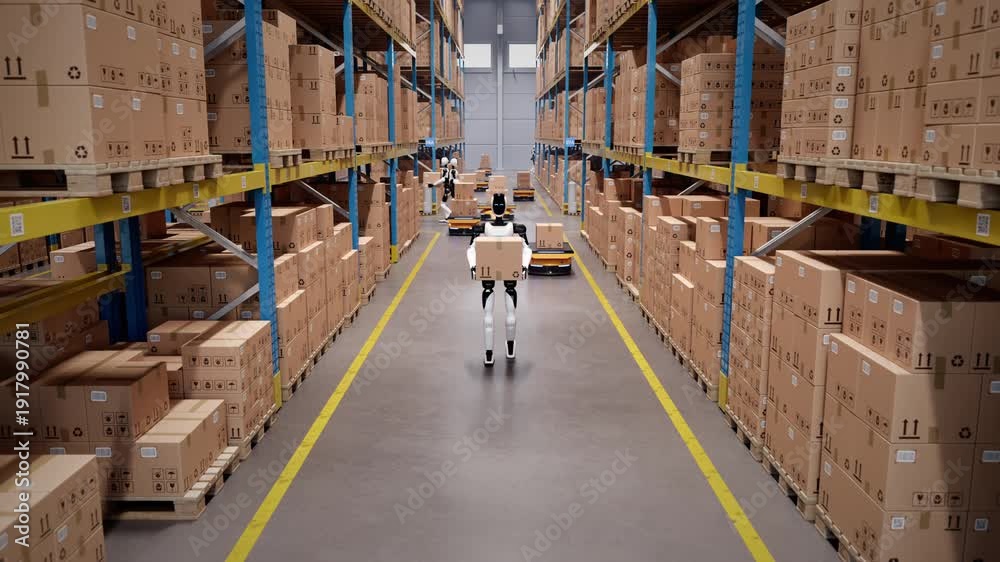 AI-powered humanoid robot walking along aisle in automated distribution ...