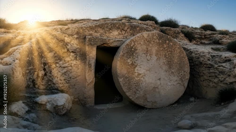 Empty tomb of Jesus with rolling stone door open and bright sun rays ...
