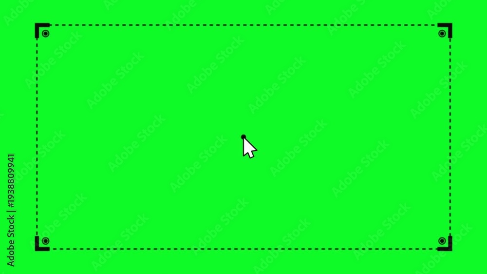 White mouse cursor clicks on green screen and a dashed rectangular ...
