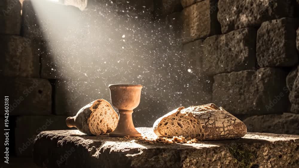 Bread and chalice on stone altar. Eucharistic symbols in ancient chapel ...