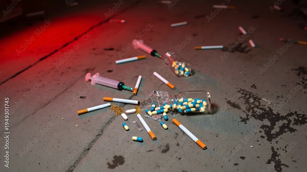 Syringes, pills, and cigarettes scattered on a dirty ground, depicting ...