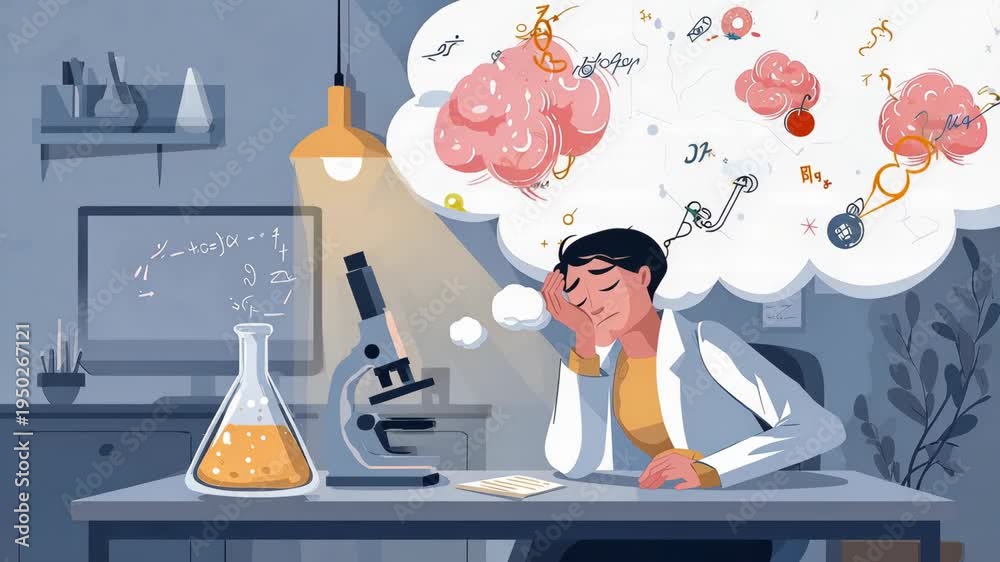 Scientist laboratory microscope beaker tired thinking research ...