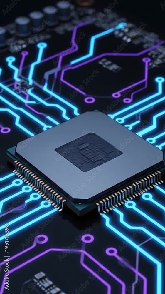 Central processing unit with glowing circuits and energy discharge ...