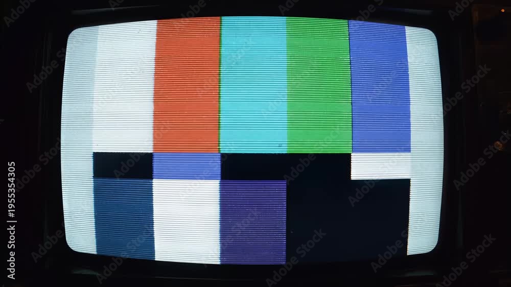 Television static screen, distorted color bars with noise and glitch ...