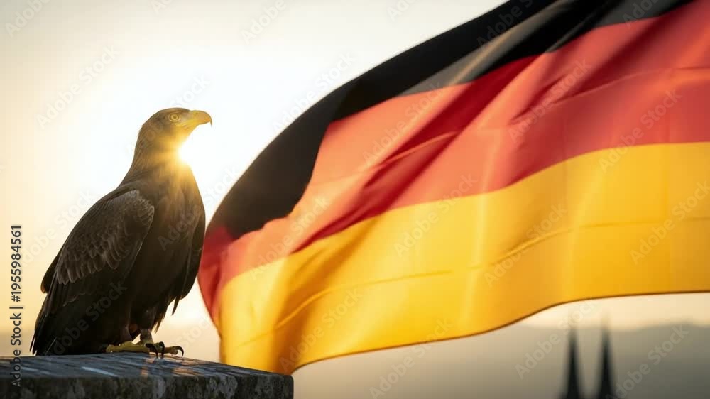 Majestic eagle perched on stone wall with waving German national flag ...