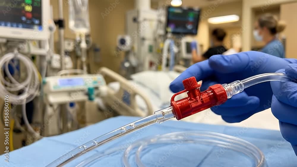 Medical tubing with valve held by gloved hand in hospital intensive ...