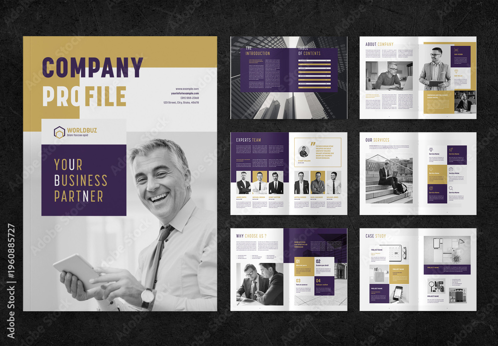 Company Profile Brochure Layout with Golden Accents Stock Template ...