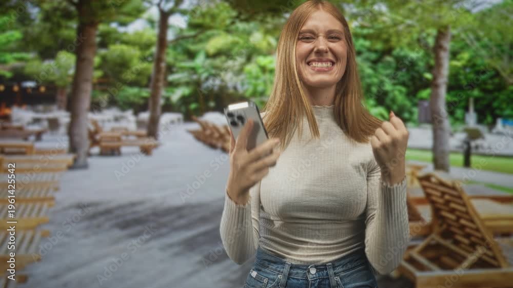 Woman holding smartphone with clenched fist pump beside wooden benches ...
