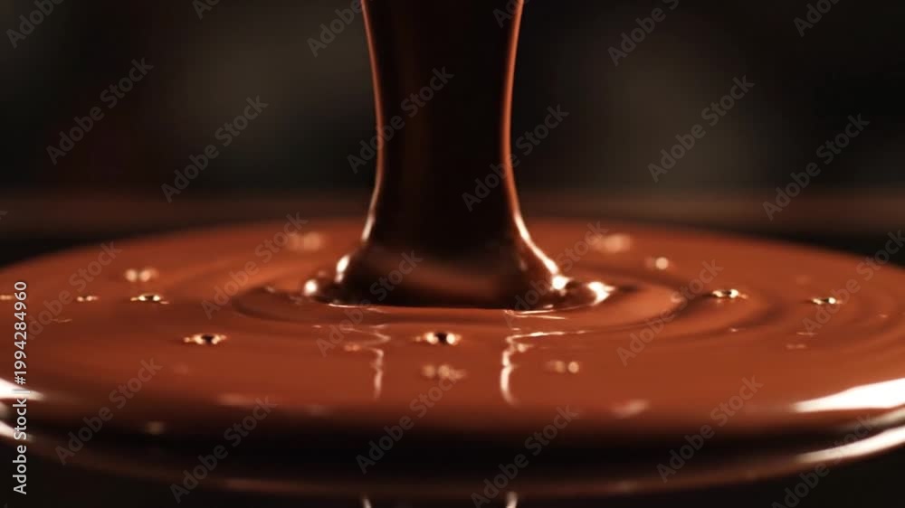 Viscous stream of rich, dark melted chocolate pouring onto a flat ...