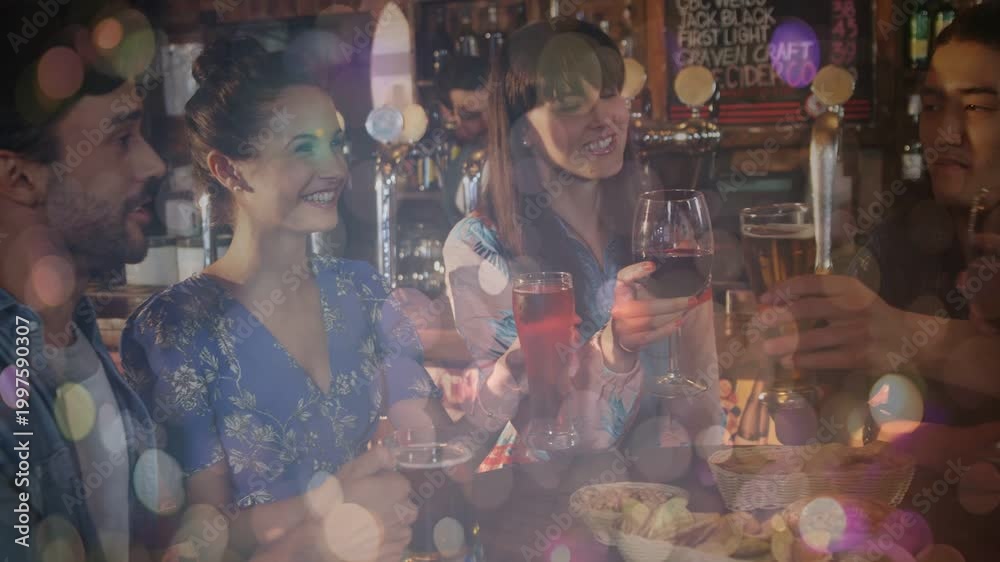 Friends at bar raising glasses after woman lifting wine glass, animated ...