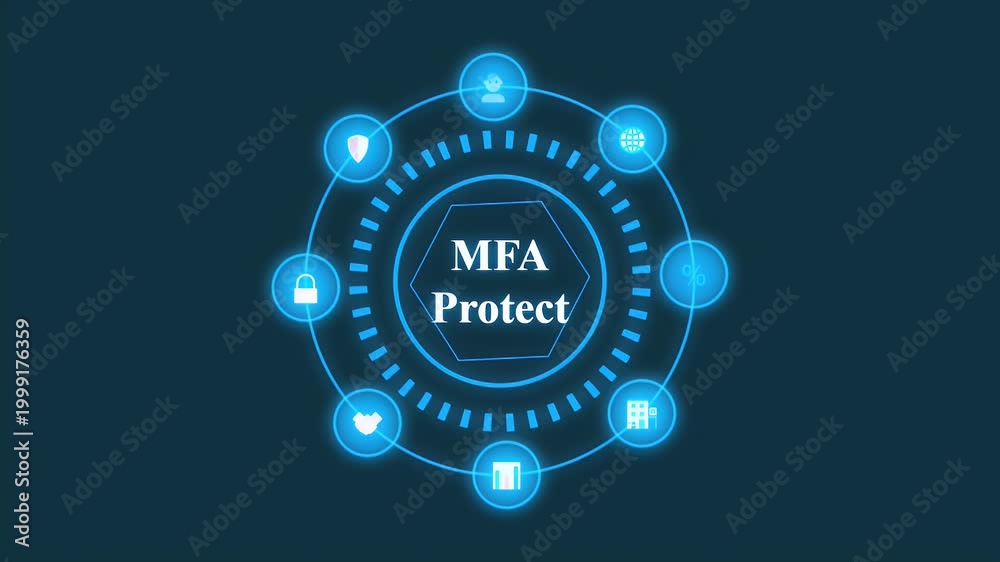 Futuristic digital interface displaying MFA protect text with rotating ...