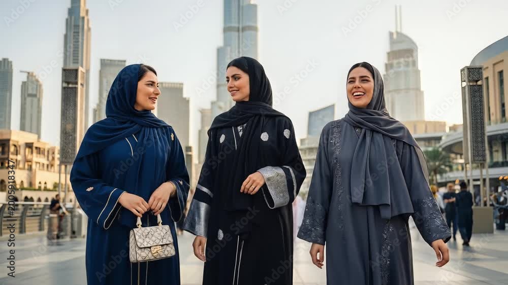 Three Emirati Women Walking in Downtown Dubai, UAE, with Burj Khalifa ...