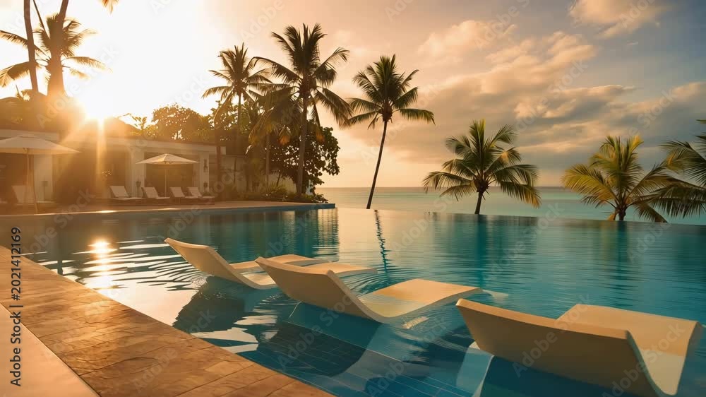 Luxury infinity pool with submerged lounge chairs at a tropical resort ...