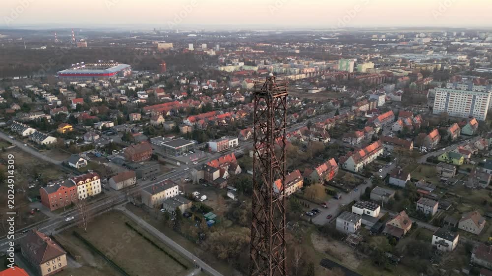 Cinematic drone orbital view of the historic Gliwice Radio Tower ...