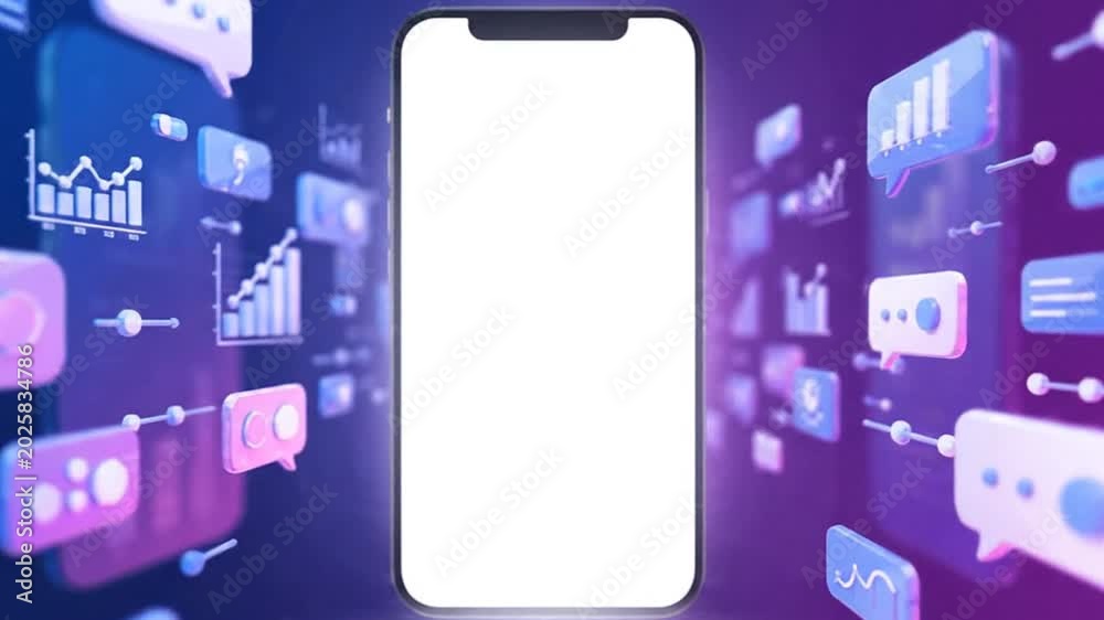 Smartphone with blank white screen surrounded by floating 3d interface ...