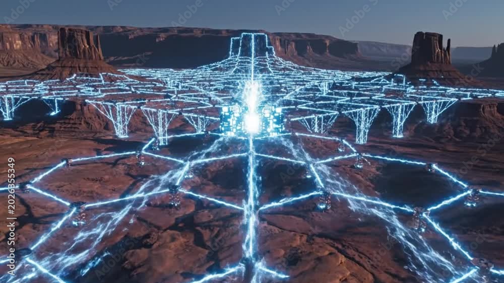 Futuristic glowing energy network infrastructure built in a desert ...