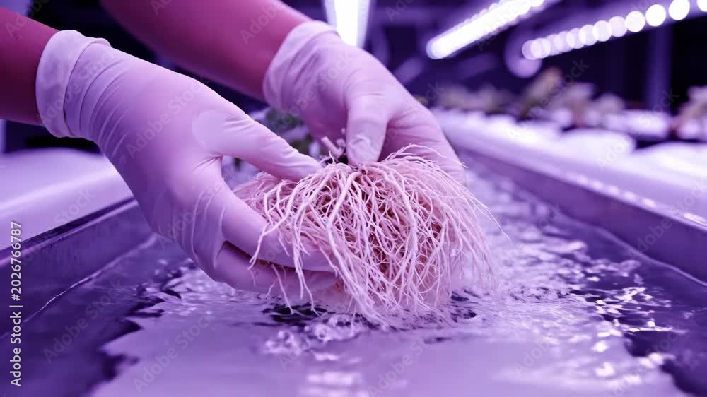 Gloved Hands Washing Hydroponic Plant Roots in Circulating Water Under ...