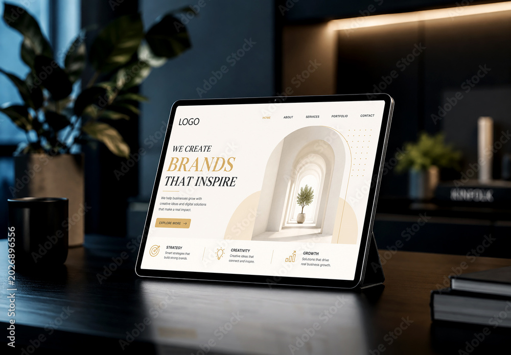 Modern Tablet Screen Mockup on Elegant Restaurant Dining Table Stock ...