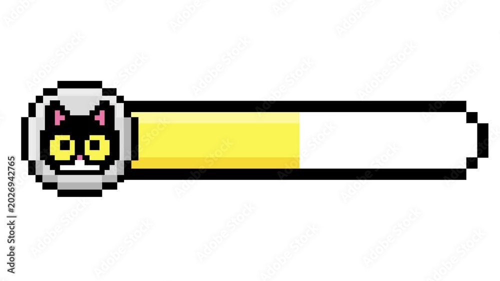 Retro Pixel Art Loading Bar with Black Cat Character Face Icon Vintage ...