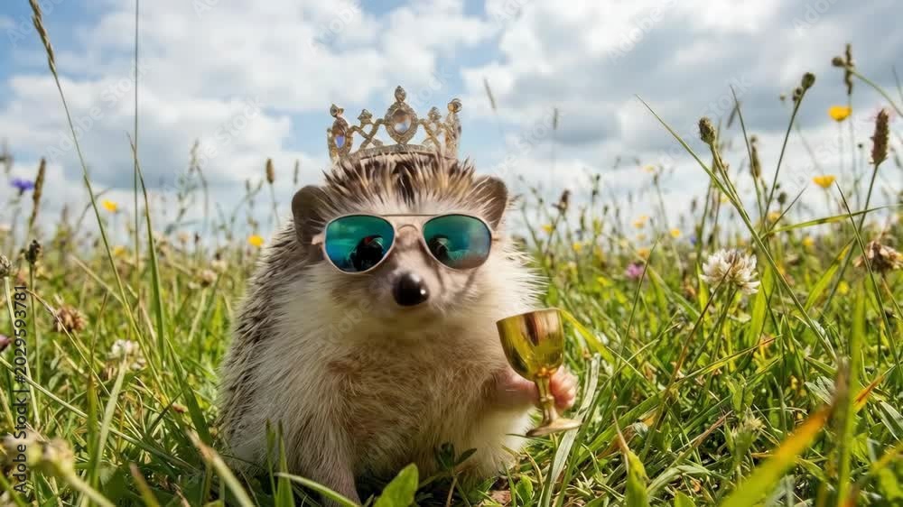 Hedgehog Wearing Sunglasses and Jeweled Crown Holding Golden Goblet in ...