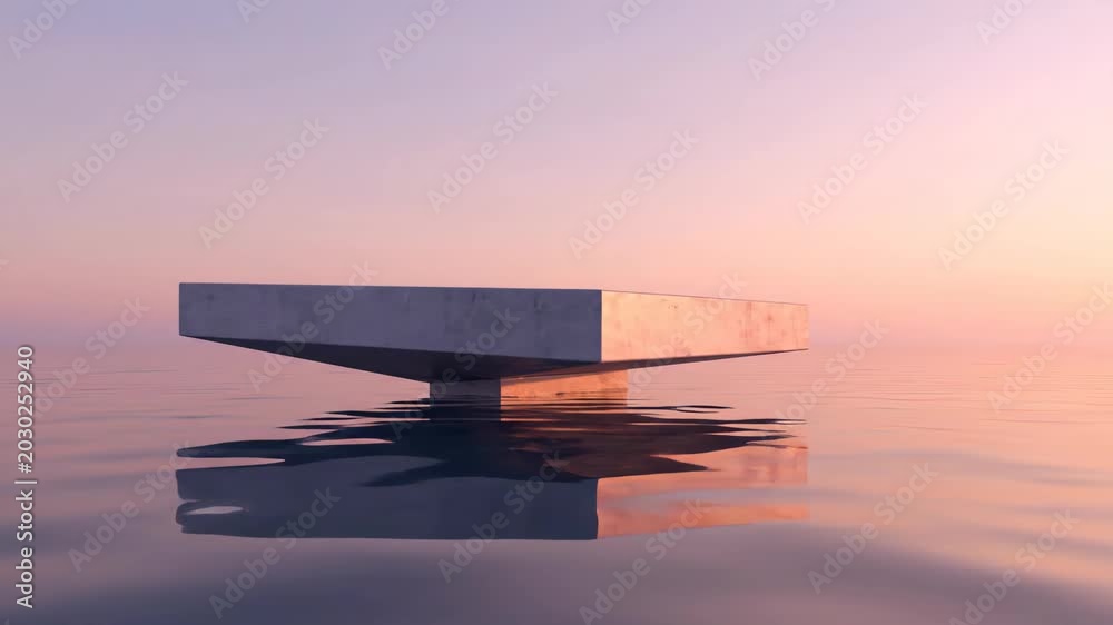 Floating concrete slab on calm water under a colorful sunset sky ...