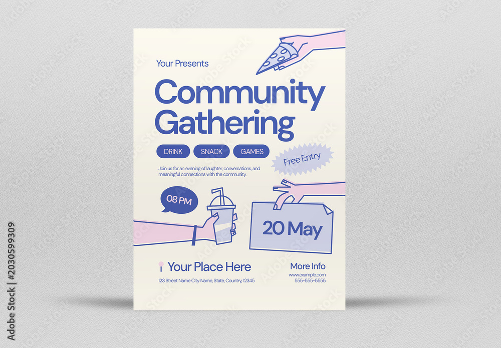 Blue and Pink Quirky Community Gathering Flyer Layout Stock Template ...