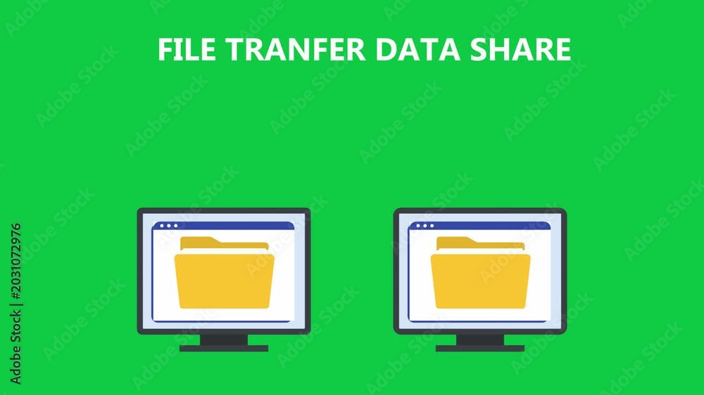 File Transfer Data Share Animation with Computer Folder Icons on Green ...
