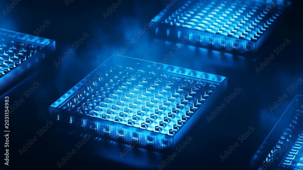 AI chip cores glowing in blue data center server rack, hyper-realistic ...