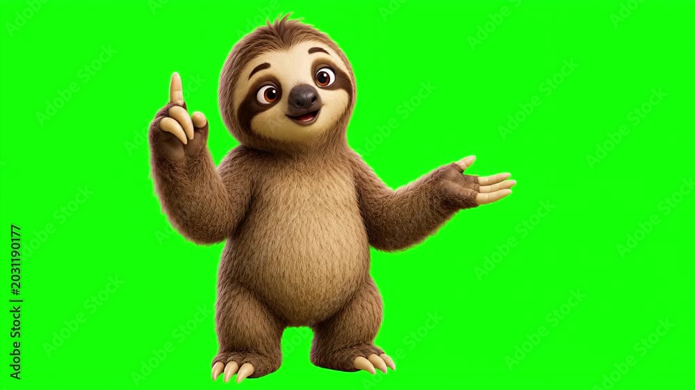 3D animated sloth character talking and explaining, cute comic mascot ...