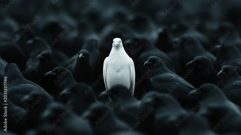 White bird standing among a flock of black birds in dark setting Stock ...