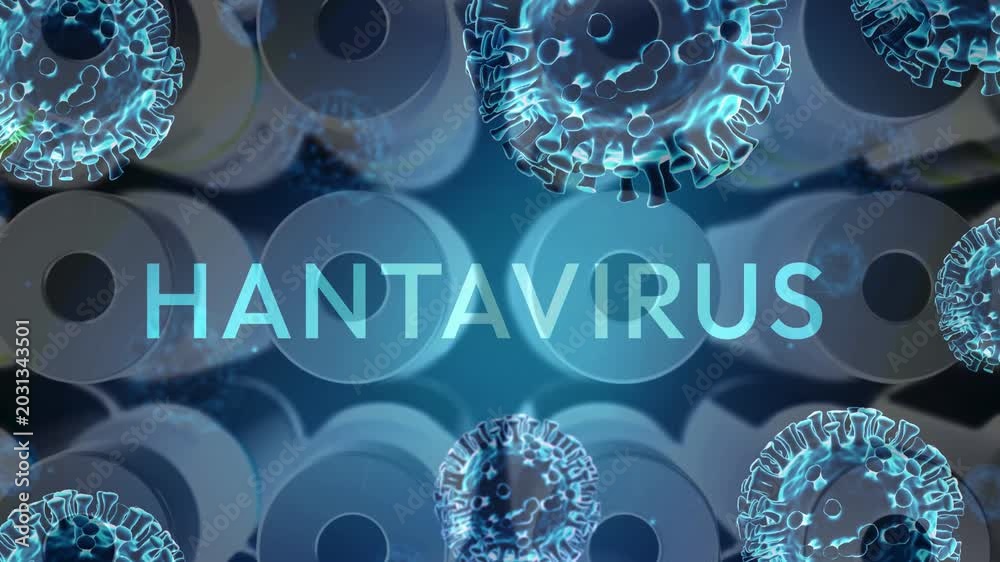 3D rendering of hantavirus text surrounded by microscopic viral cells ...