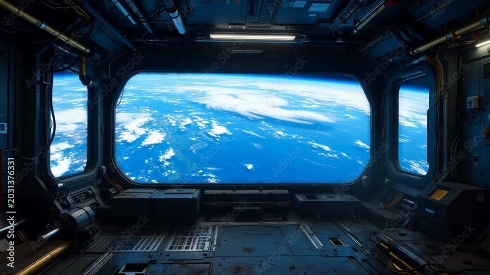 Interior view of a spacecraft cockpit with Earth visible through large ...