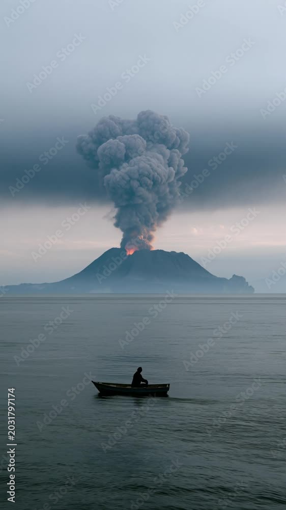 Vidéo Stock Active volcano erupting ash cloud with man in rowboat ...