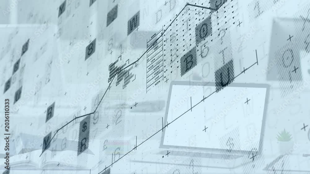 Data feed starting, overlay over laptop animating jagged line rising ...