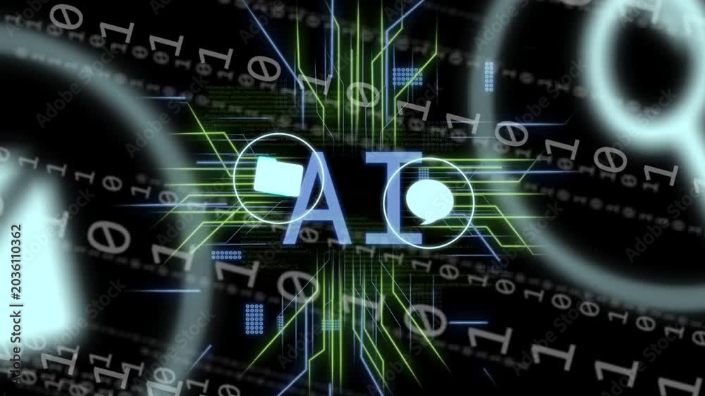 Central AI hub powering up, radiating neon traces and connecting icons ...
