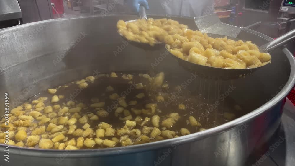 Fish maw being cooked in a steam-heated industrial kettle during food ...
