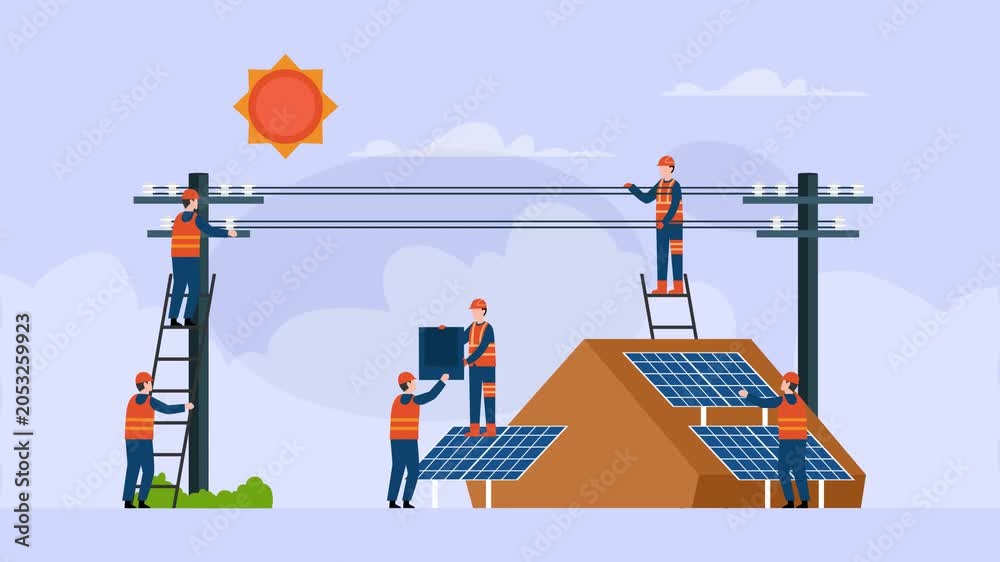Solar Panel Installation and Electrical Power Line Maintenance Team on ...