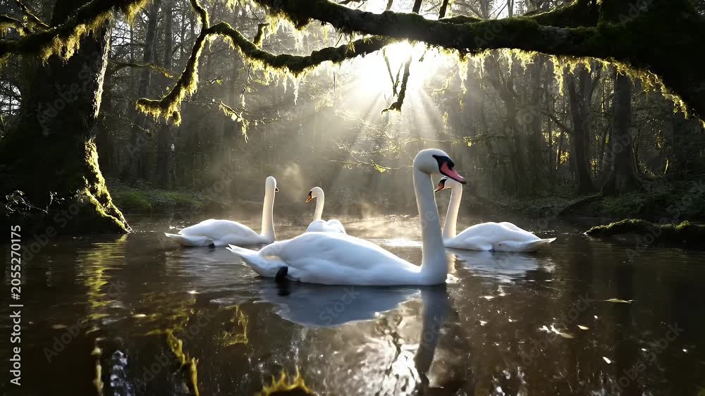 Three Elegant White Swans Gliding Across a Misty Reflective Lake Under ...