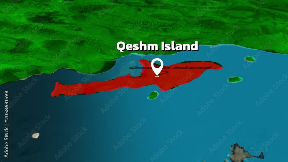 Qeshm Island Animated Map Zoom In View. Qeshm Island highlighted in red ...