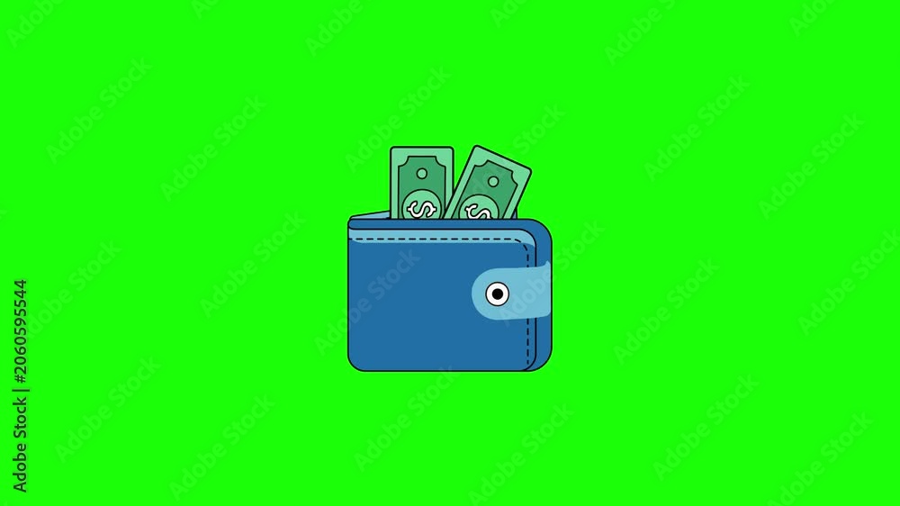 2D Animated Blue Wallet Icon on Green Screen Background for Finance and ...