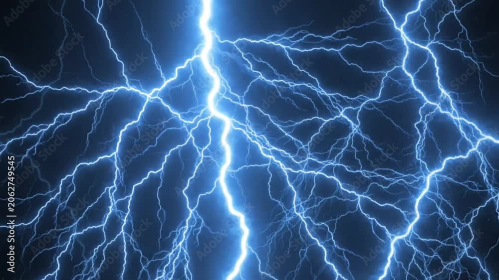 Electric blue lightning bolts striking through a dark night sky with ...